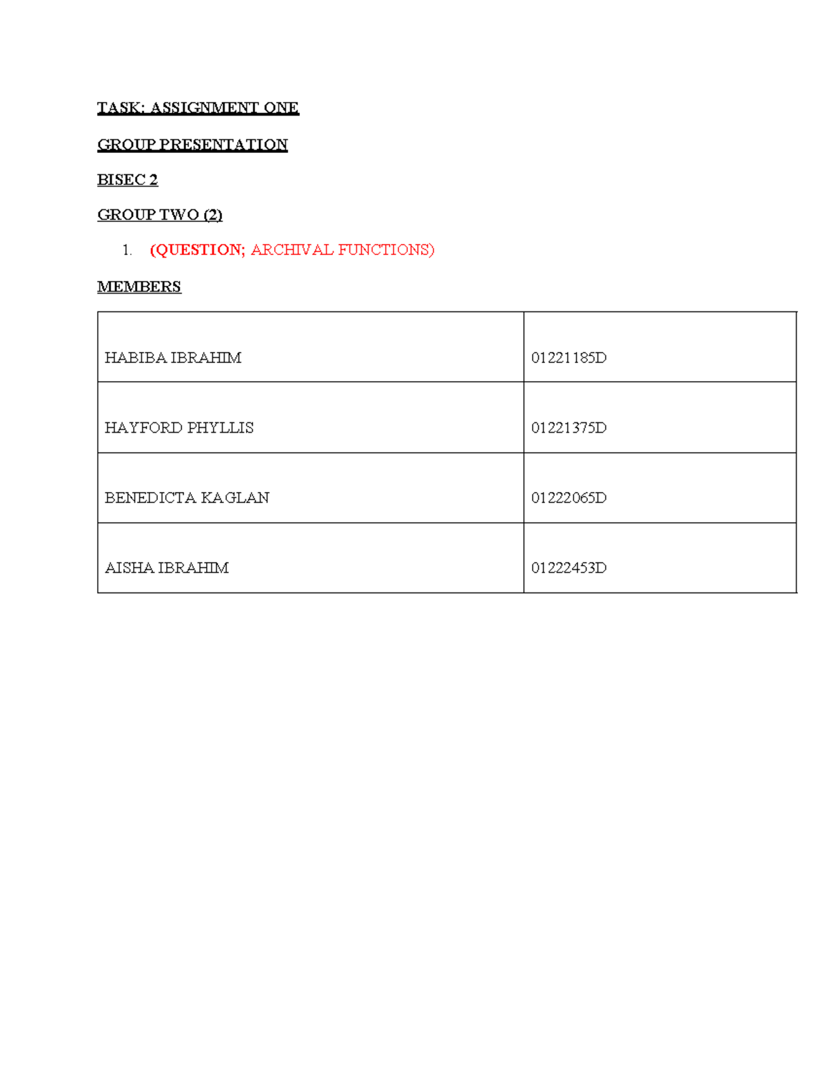 Group Assignment 1 - TASK: ASSIGNMENT ONE GROUP PRESENTATION BISEC 2 ...