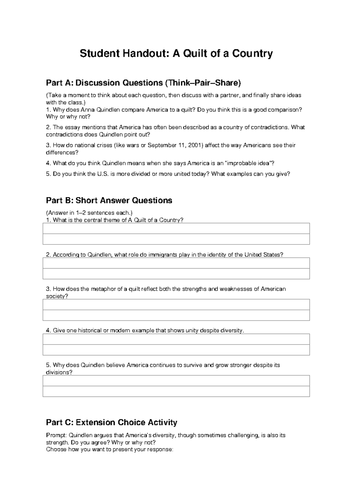 A Quilt of a Country: Discussion & Short Answer Qs Handout - Studocu