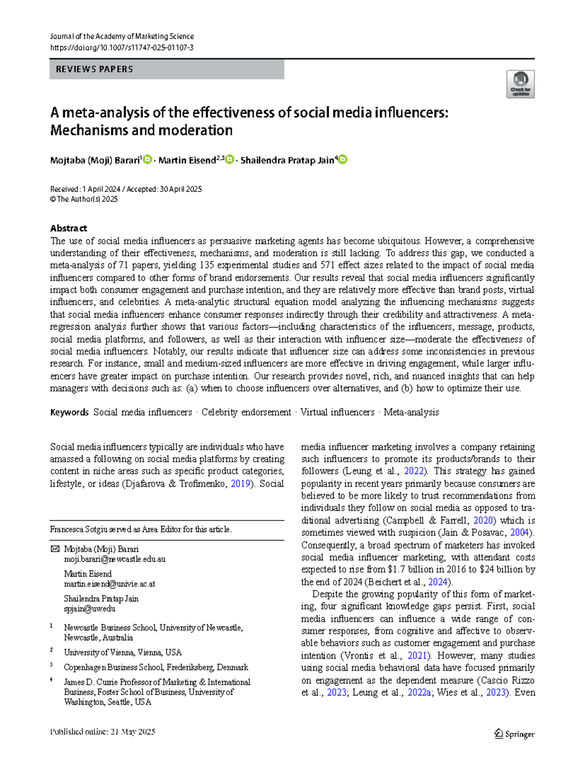 A Meta-Analysis of Social Media Influencers' Effectiveness: Mechanisms ...