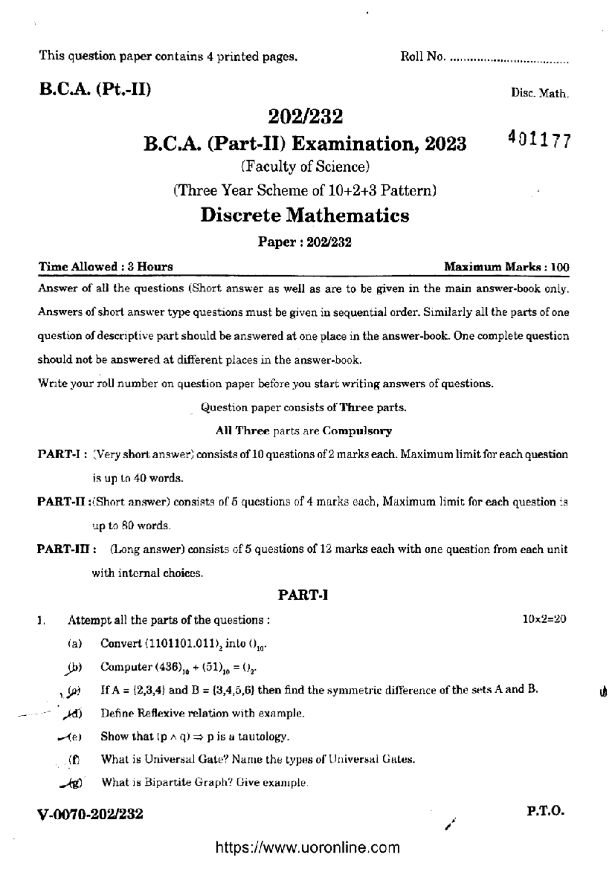 BCA Part 2 Discrete Mathematics Exam Paper 2023 - Studocu