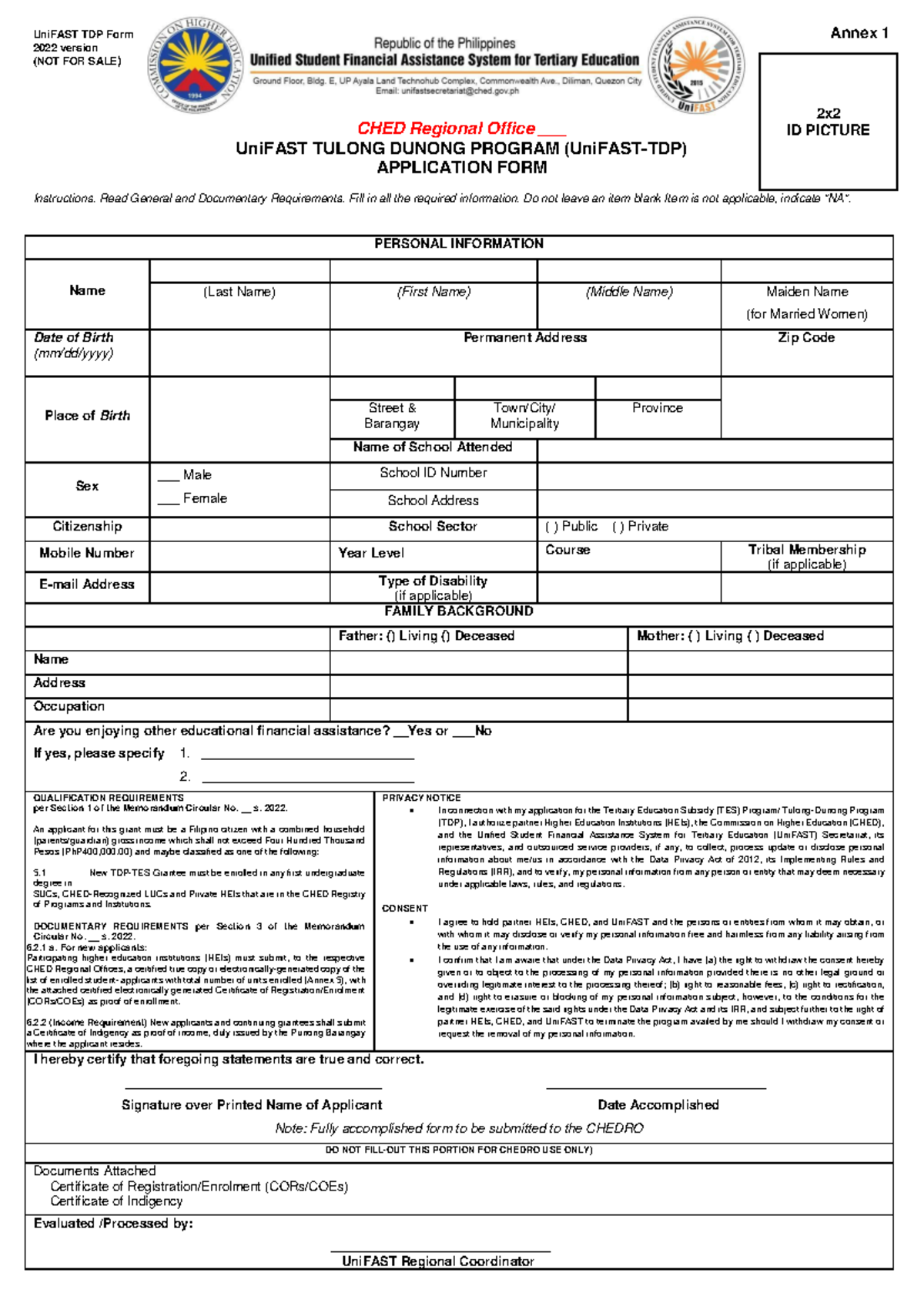 TDP Application Form New - UniFAST TDP Form Annex 1 2022 version (NOT FOR SALE) CHED Regional ...