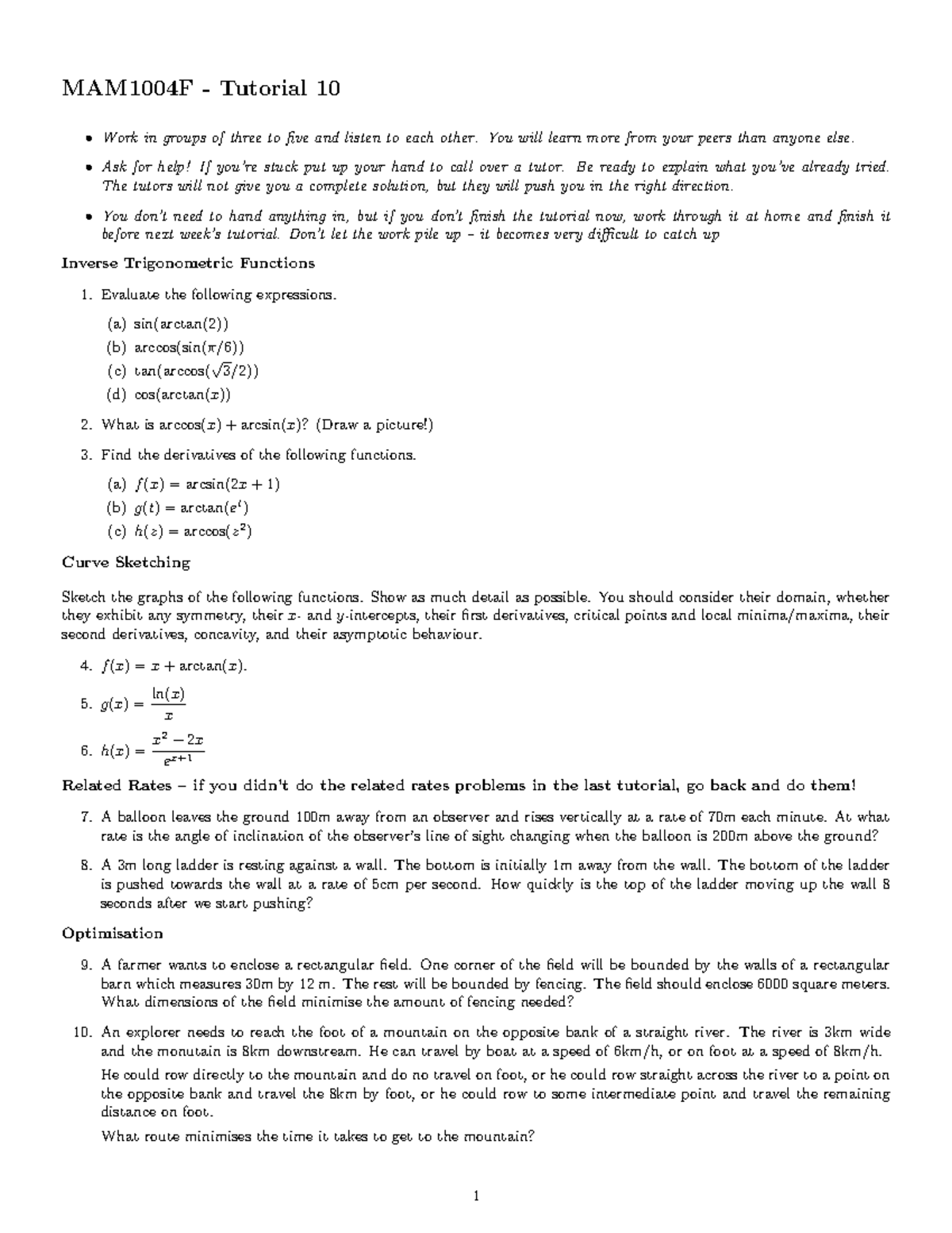 Tutorial 10 - MAM1004F - Tutorial 10 Work in groups of three to five ...