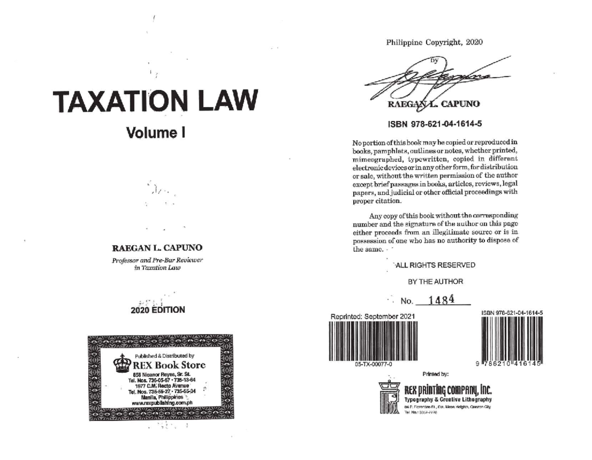 Taxation Law Volume I: Capuno's Guide for 2020 Bar Exam Prep - Studocu