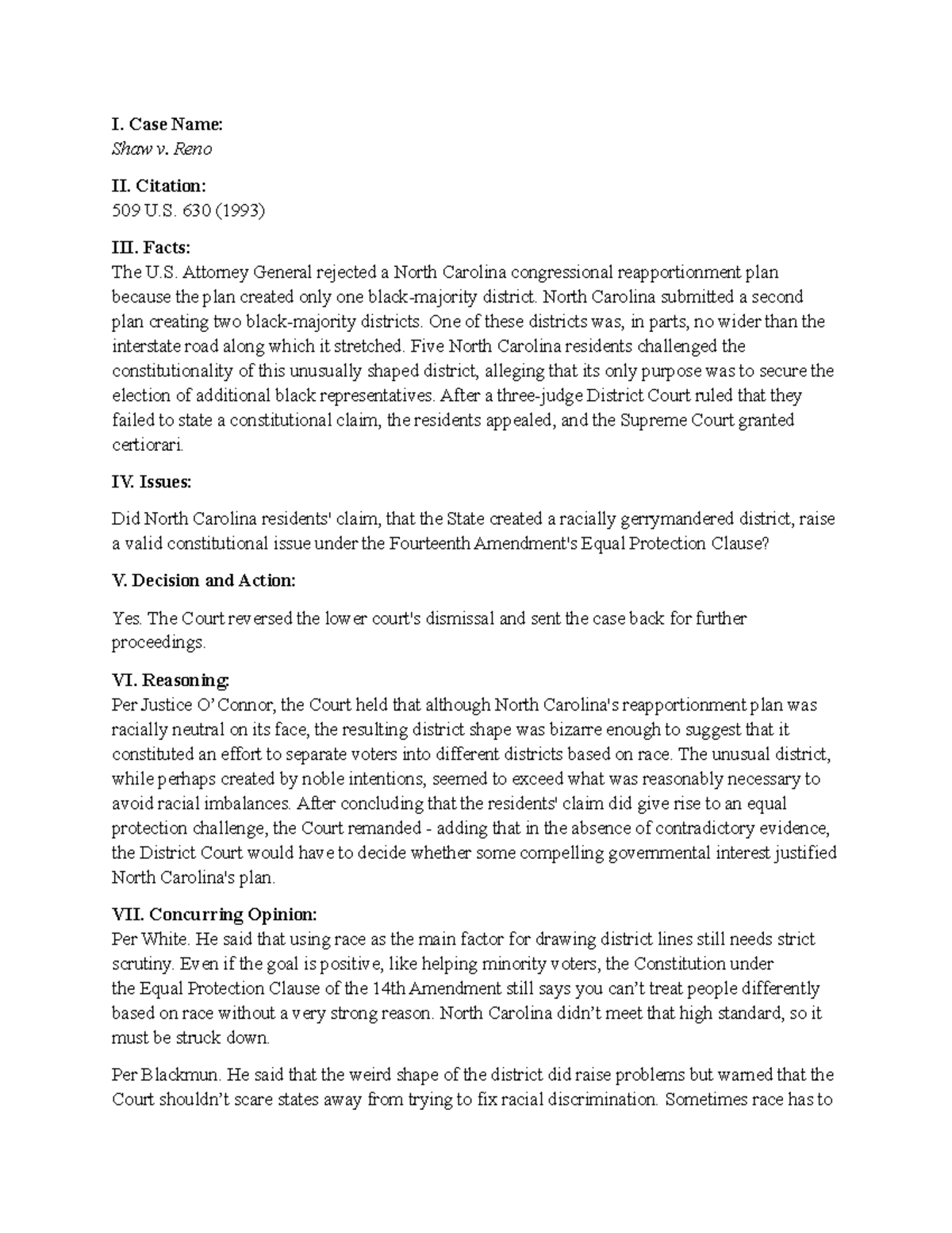 Shaw v. Reno: Supreme Court Case Analysis and Ruling - Studocu