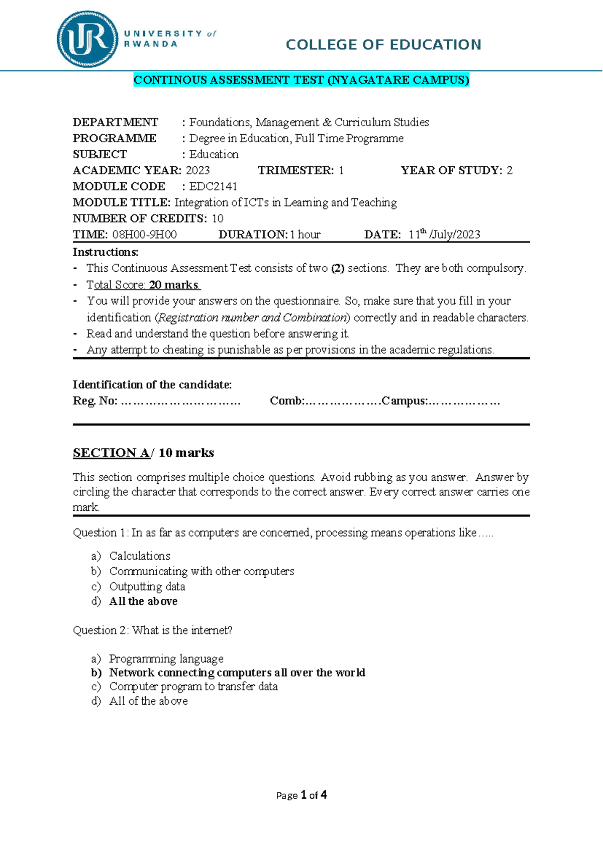 EDC2141 Continuous Assessment Test: Integration of ICTs in Learning ...