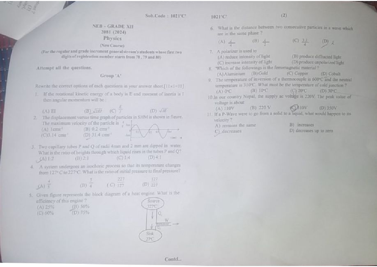 Class 12 Physics 2081 (Lumbini) - Sub,Code : (2) NEB . GRADE XII 6 ...