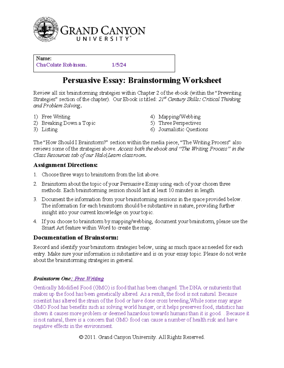 PHI105 T2 Persuasive Essay Brainstorming Strategies Worksheet - Studocu