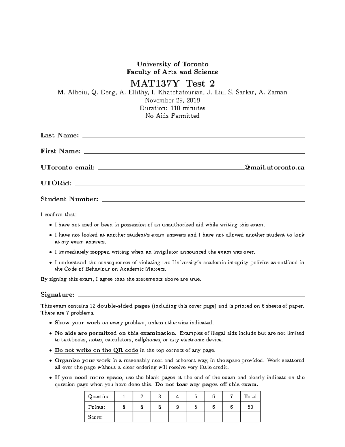 MAT137 19/20 Test 2 - University of Toronto Faculty of Arts and Science ...