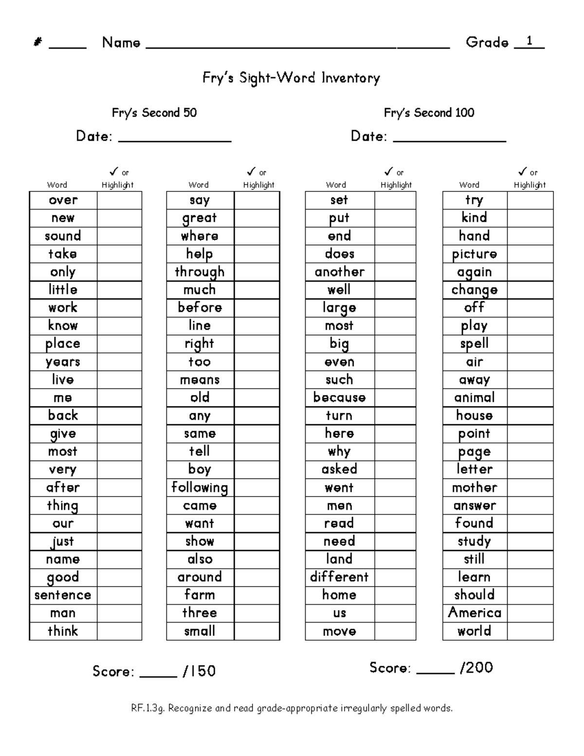 Fry’s 2nd 100 Sight Words Inventory for Grade Assessment - Studocu