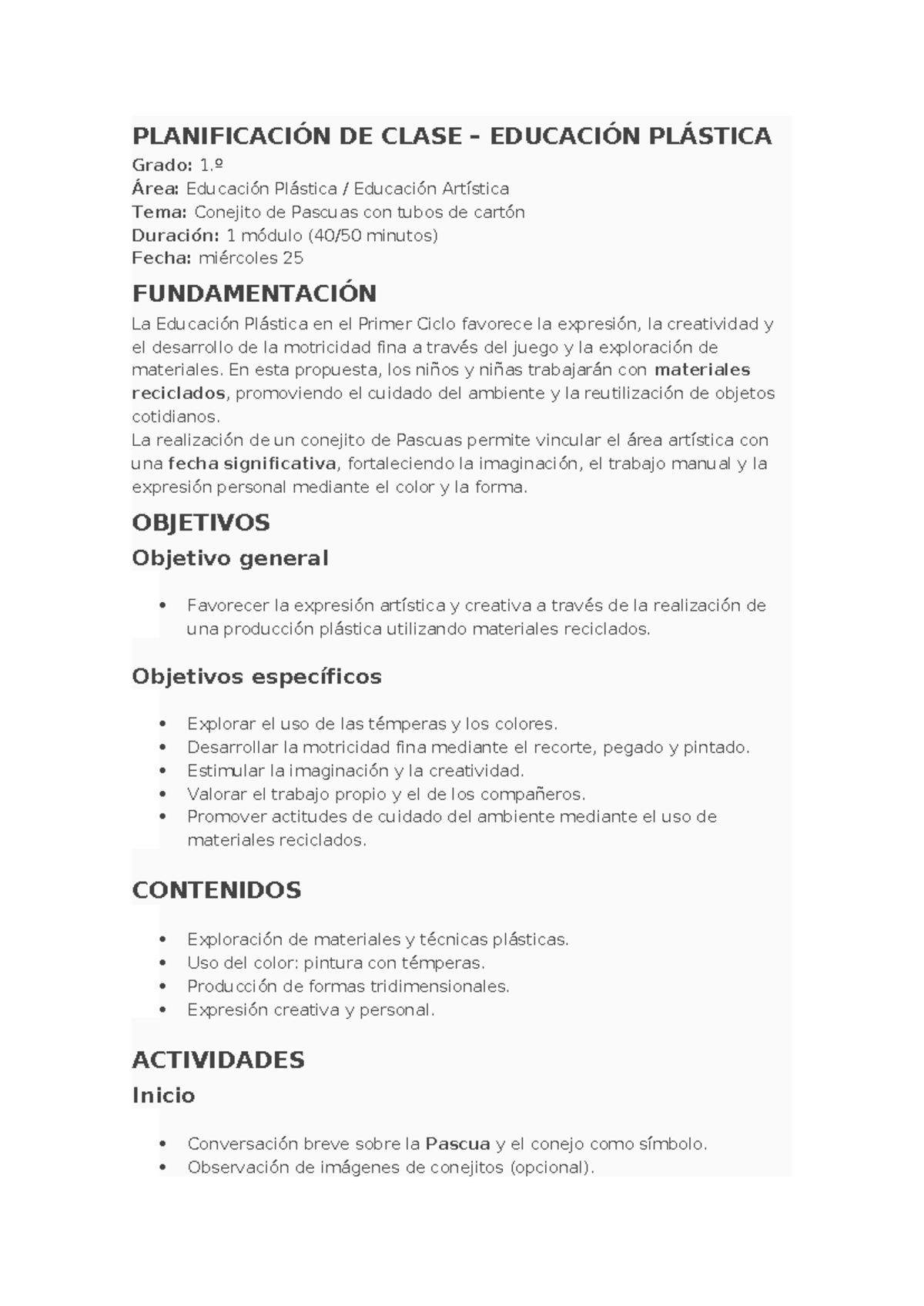 PLANIFICACIÓN DE CLASE DE PLÁSTICA Grado 1.º: Conejito de Pascua - Studocu