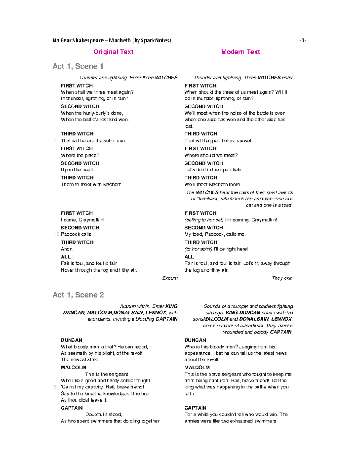 No Fear Shakespeare: Macbeth Act 1 Modern Text Analysis - Studocu