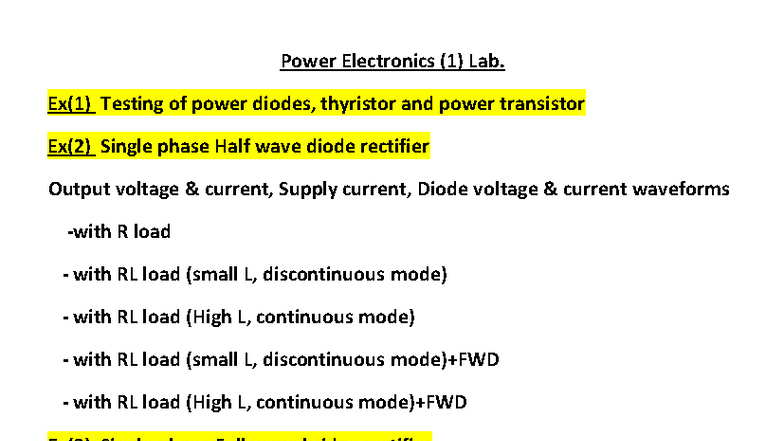 Power Electronics (1) Lab: Experiments on Diodes & Rectifiers - Studocu