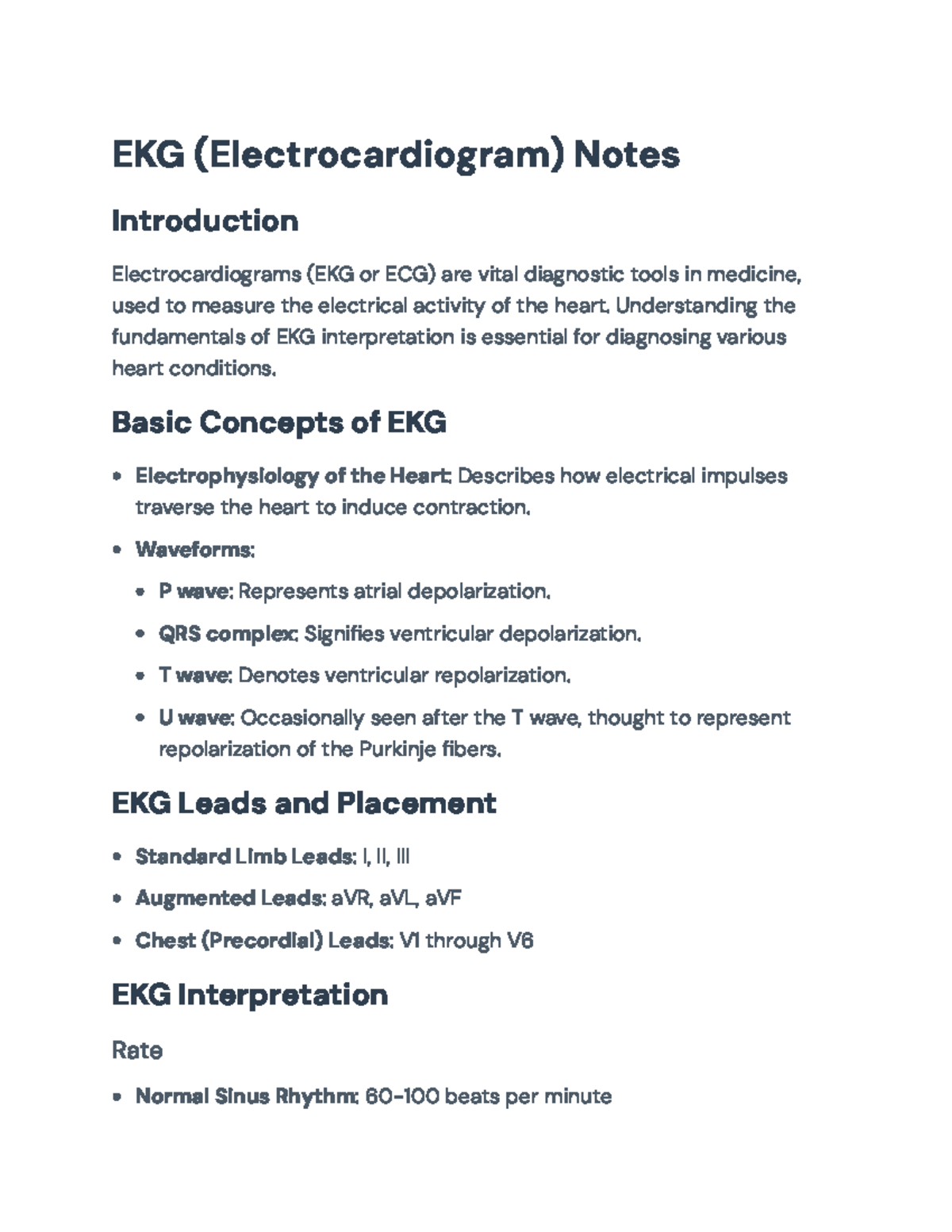 EKG Interpretation Notes for Medical Study (Course Code: N/A) - EKG ...