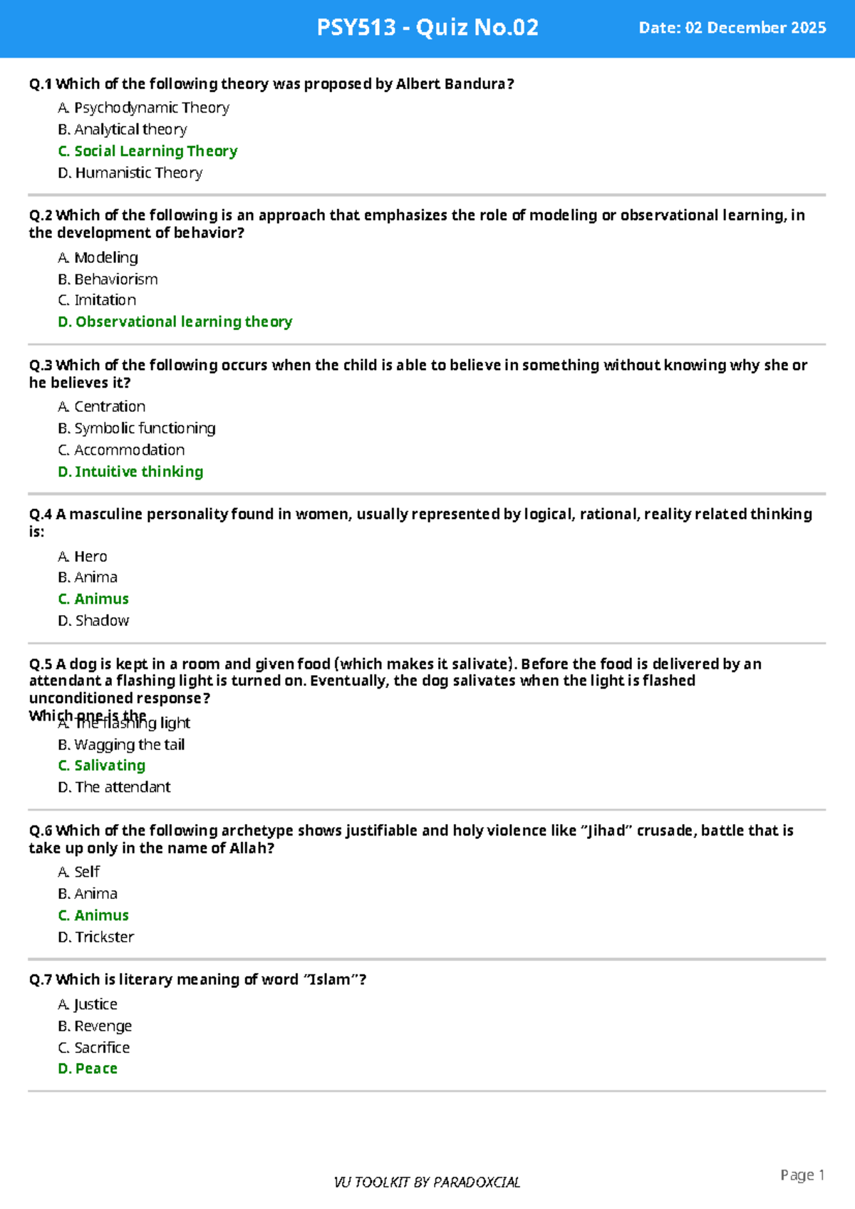 PSY513 Quiz No.02 - Key Concepts in Psychology - Studocu