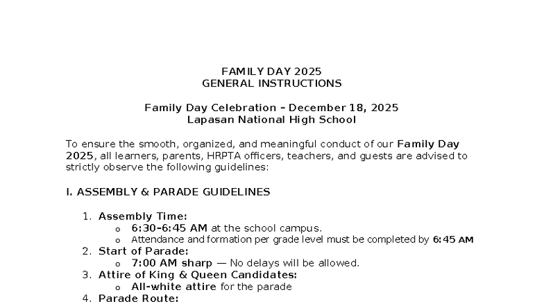 Family Day 2025 Program Details at Lapasan National High School - Studocu
