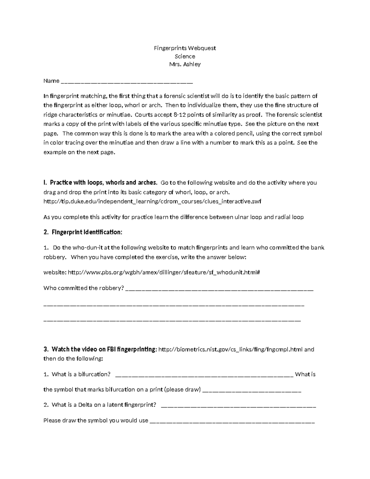 Fingerprint worksheet for science class - Fingerprints Webquest Science ...