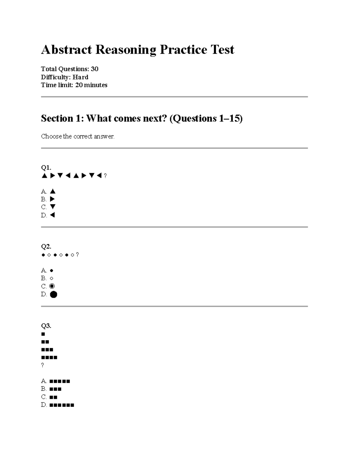 Abstract Reasoning Practice Test (30 Qs, Hard, 20 min) - Studocu