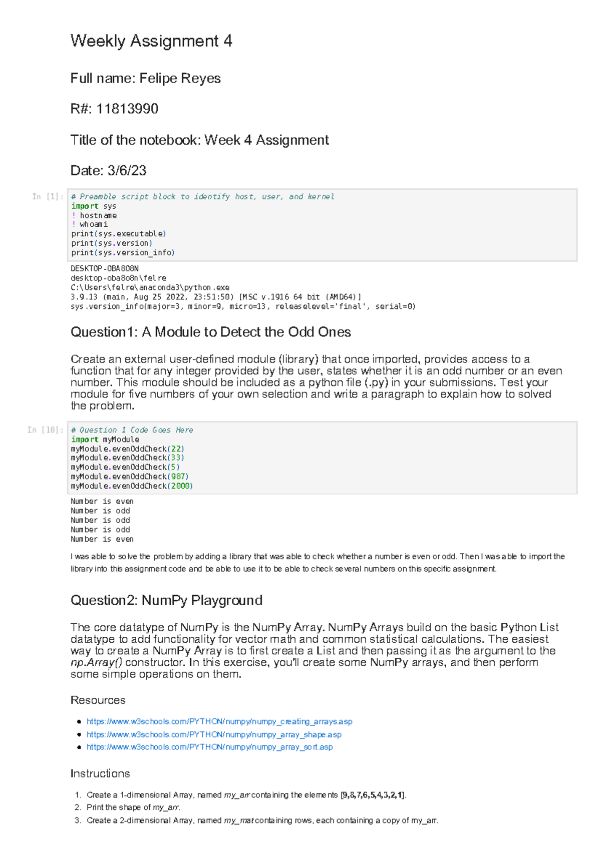ENGR1330-Assignment 4: Python Module, NumPy Arrays, and Matrices - Studocu