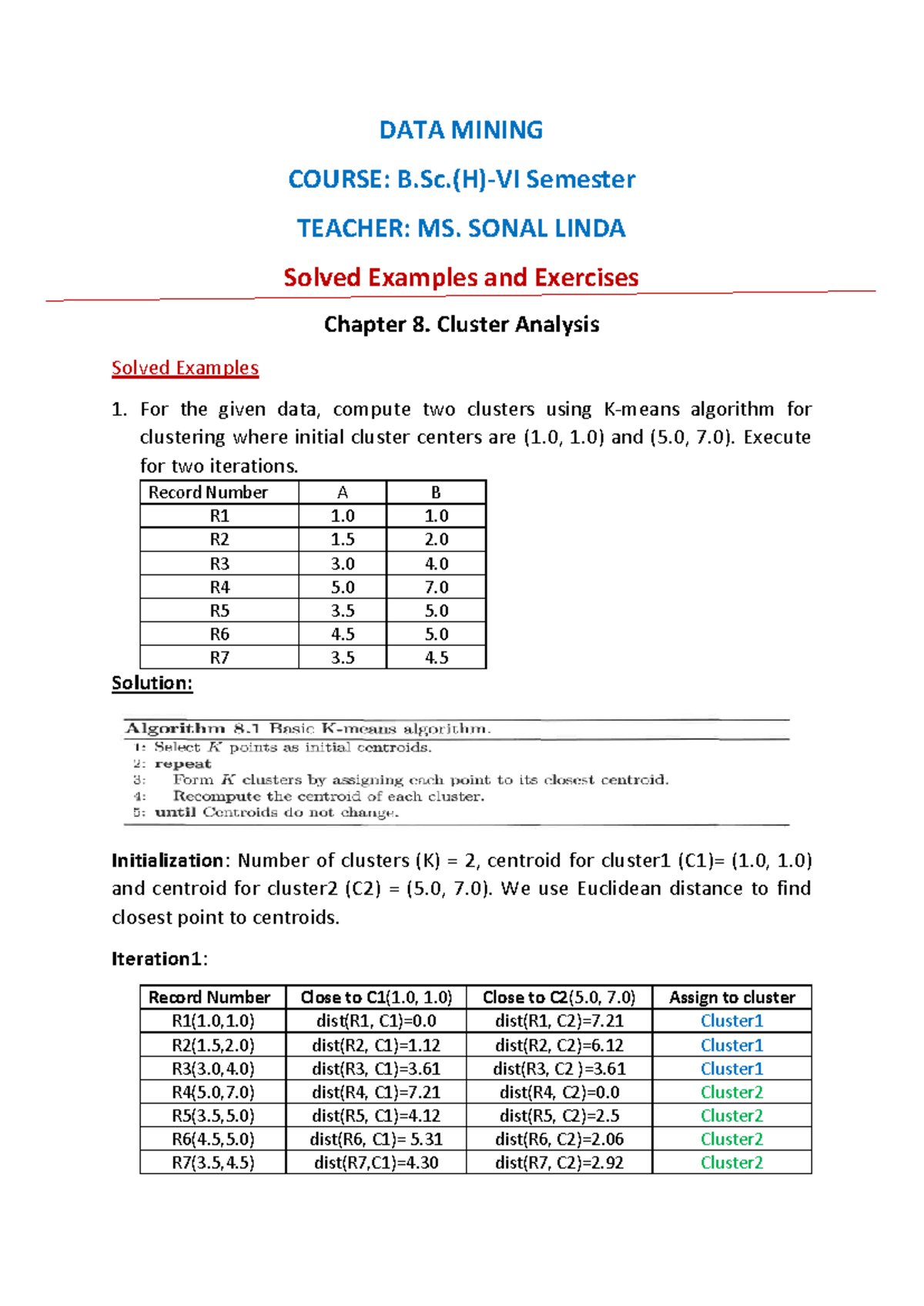 K Means Solved Problems In Cluster Analysis Data Mining Course Bh Vi Semester Teacher 