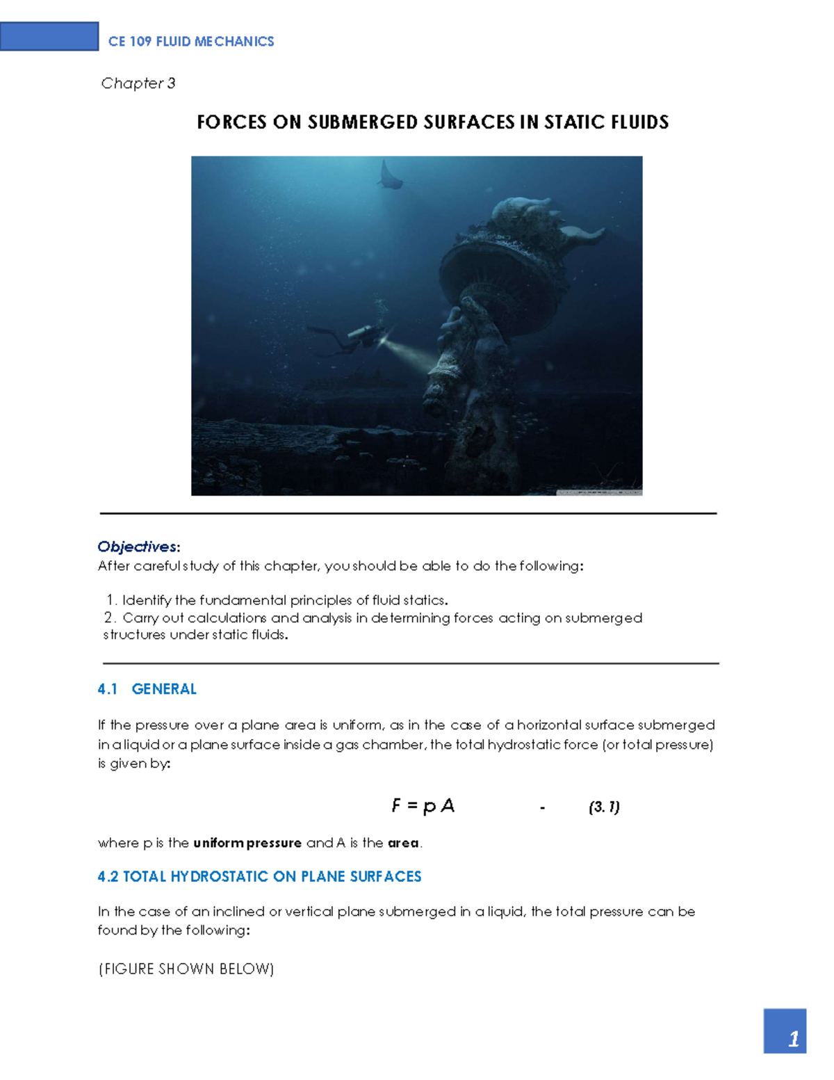 CE 109 FLUID MECHANICS Chapter 3: Forces on Submerged Surfaces - Studocu