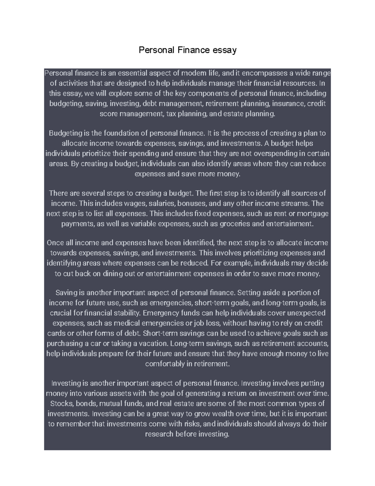 Personal Finance Essay: Key Components of Money Management - Studocu