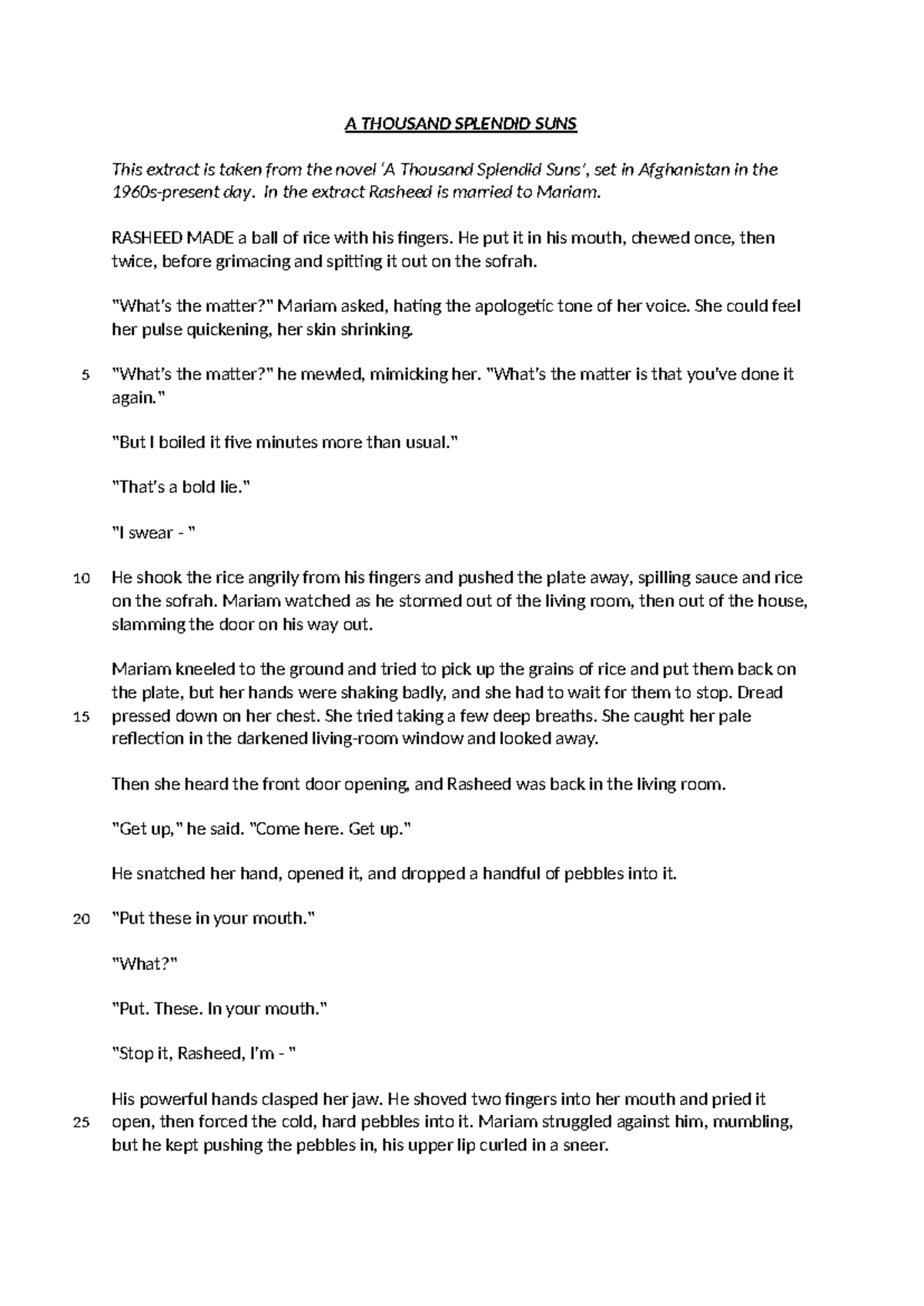 A Thousand Splendid Suns Extract Analysis: Rasheed and Mariam's ...