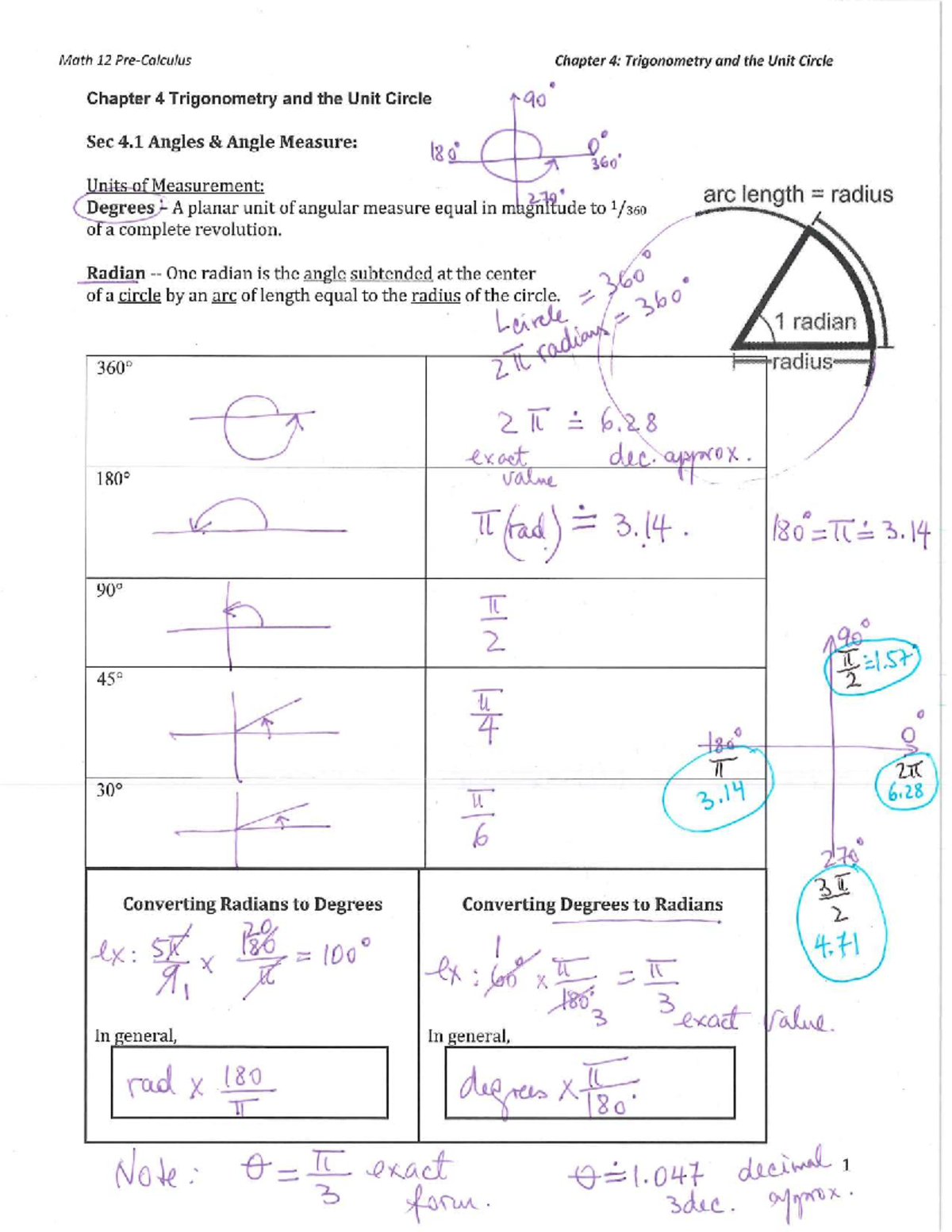 Math 12 Final Exam Notes: Chapter 4 - Trigonometry & Unit Circle - Studocu