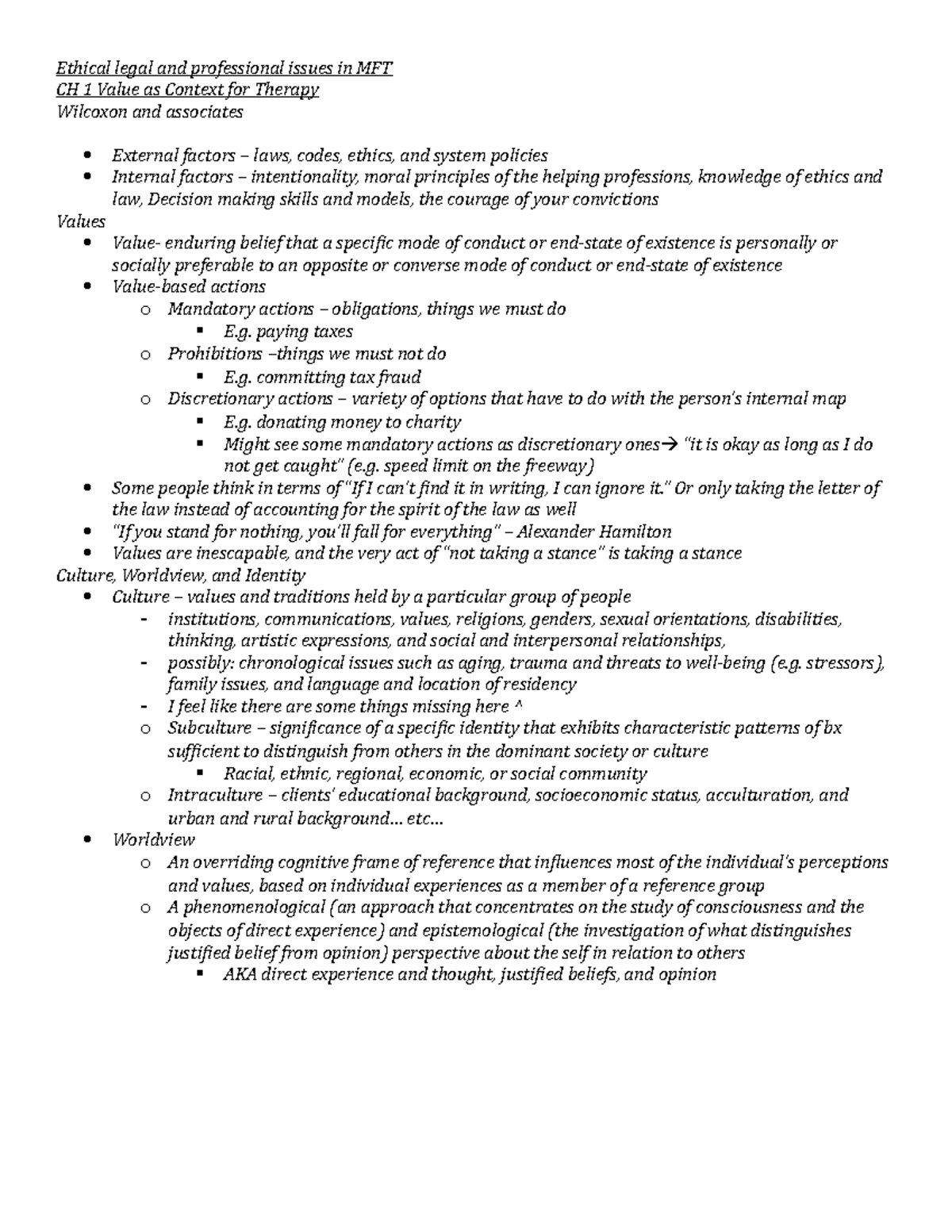 MFT 101: Ethical, Legal & Professional Issues in Therapy - CH 1 Values ...