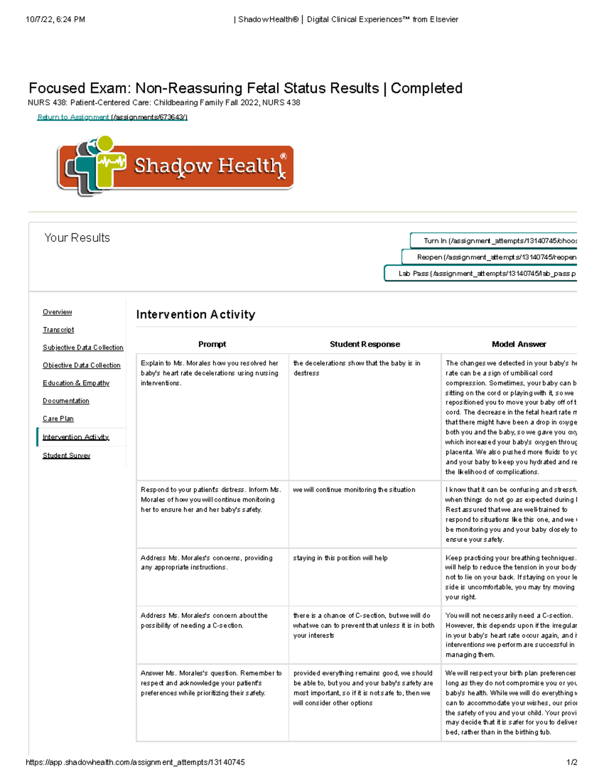 NURS 438 Intervention Activity: Non-Reassuring Fetal Status Review ...