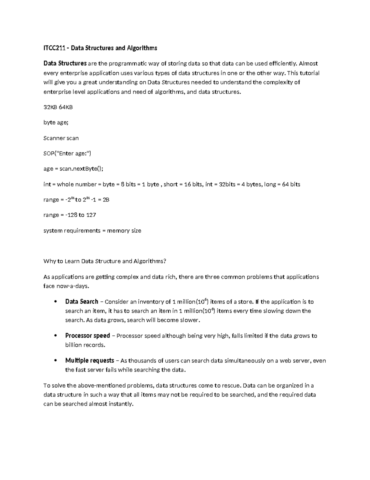 ITCC211 Intro to Data Structures & Algorithms Overview - Studocu