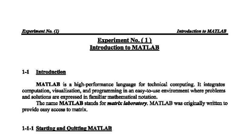 Experiment No. (1) Introduction to MATLAB - Basics and Commands - Studocu