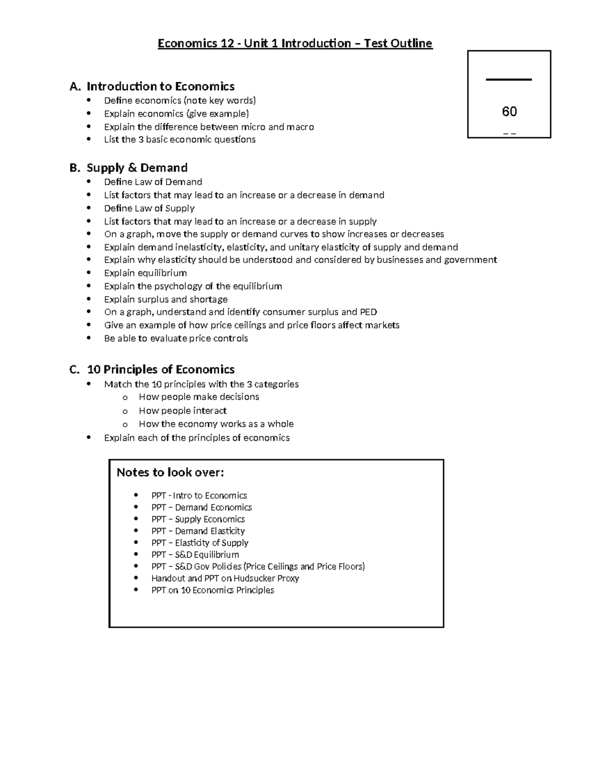 Economics 12 - Unit 1 Intro Test Outline and Key Concepts - Studocu