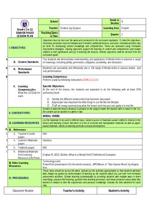 Lesson plan - Subject: Science Grade Level: Grade 10 Objective: 1 ...