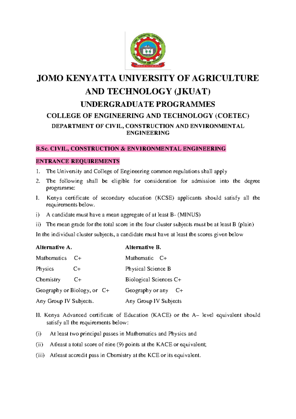 Bsc - JKUAT Civil Engineering Courses Prospectus Overview - Studocu