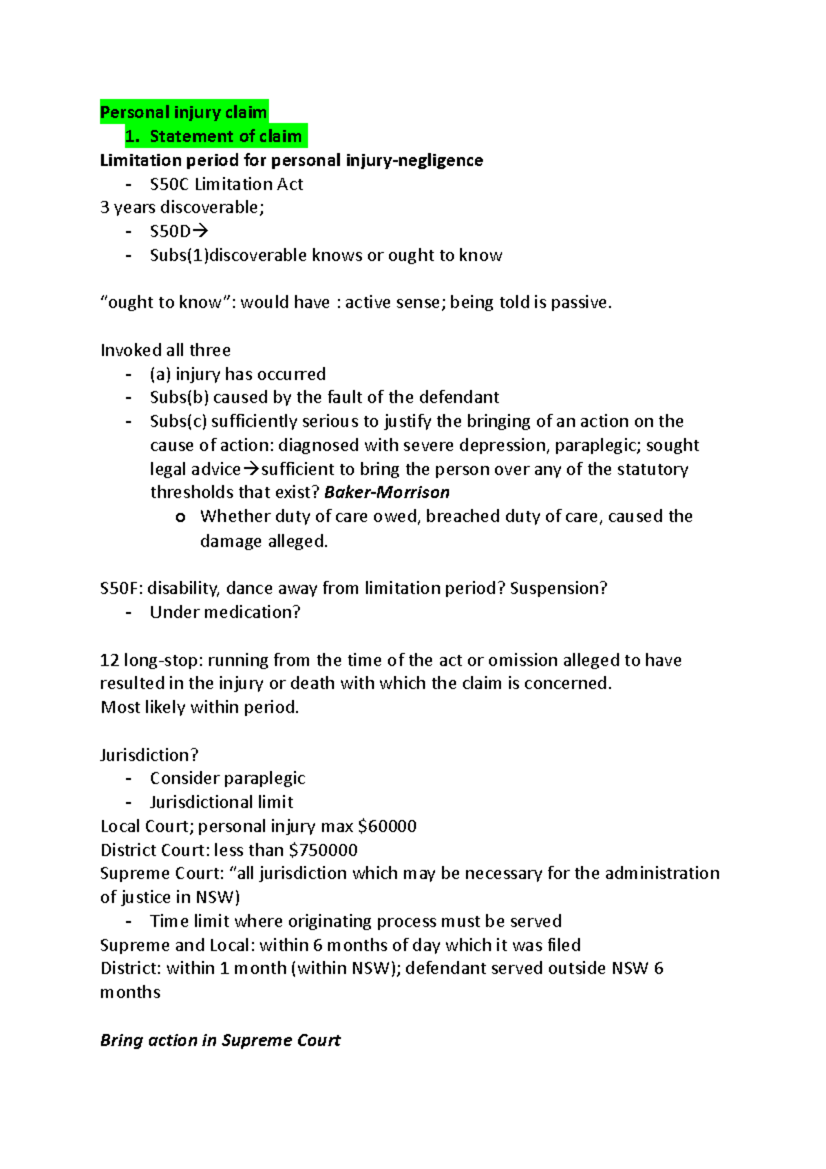 Tut 8 - Personal Injury Law: Answers to Tutorial 8 Questions - Studocu
