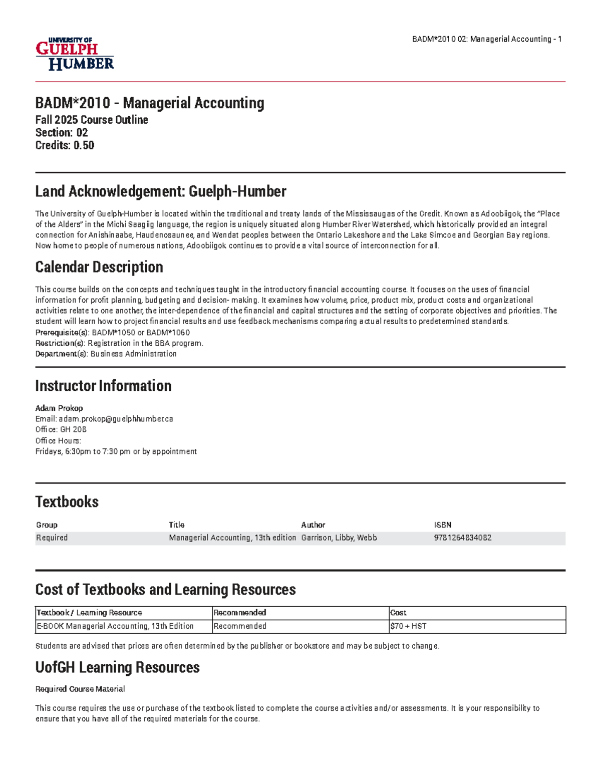 02: Managerial Accounting - Fall 2025 Course Outline (Section 02) - Studocu