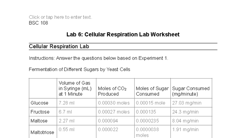 BSC 108 Lab 6: Cellular Respiration Experiment Worksheet - Studocu