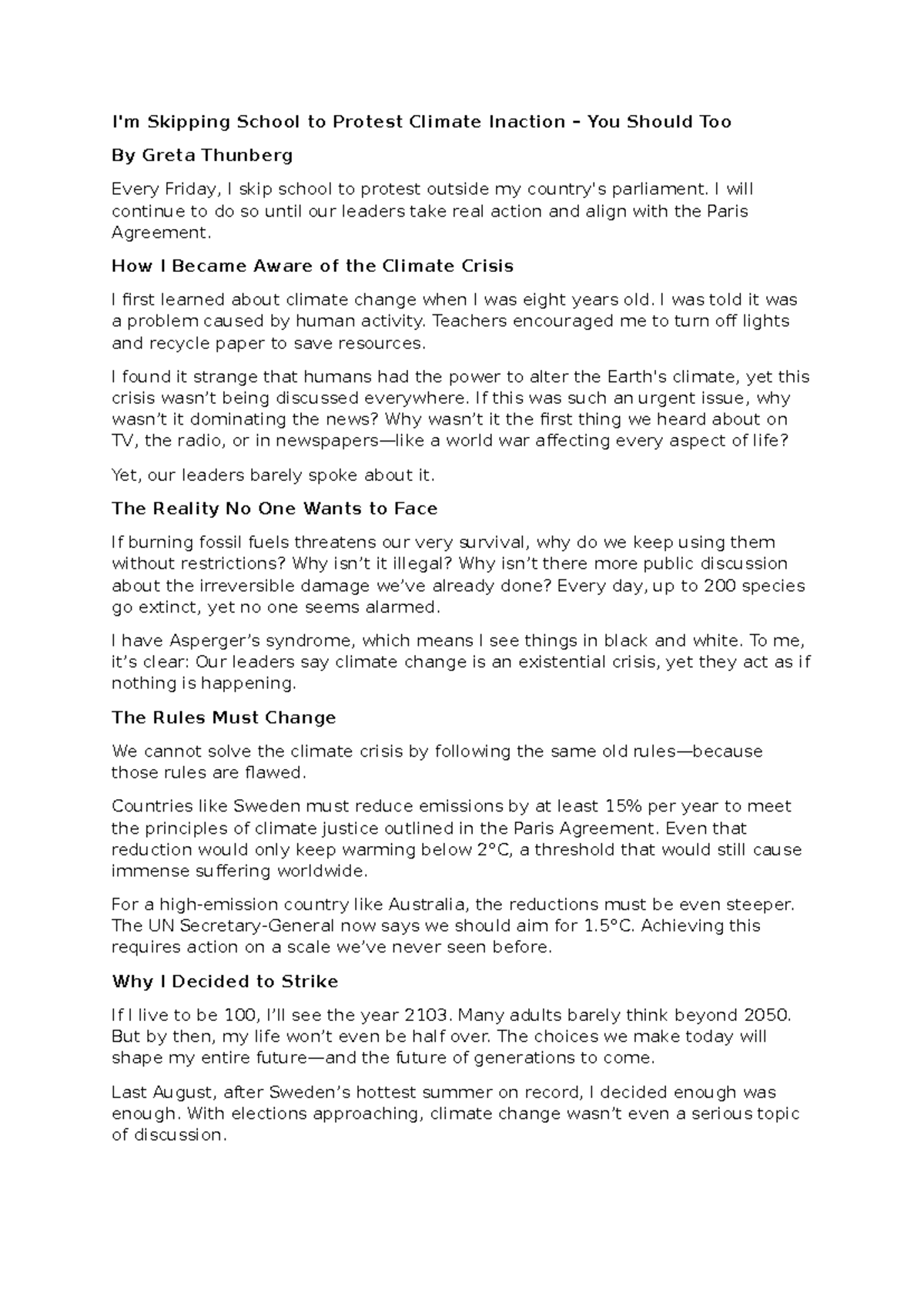 Worksheet on Activism and Climate Action: Perspectives from Greta ...