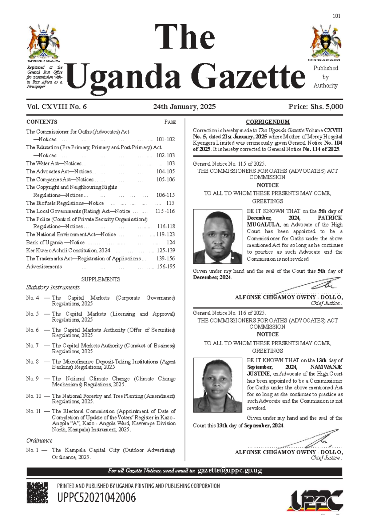 Uganda Gazette Vol. 6 - 24th January 2025: Official Notices & Updates ...