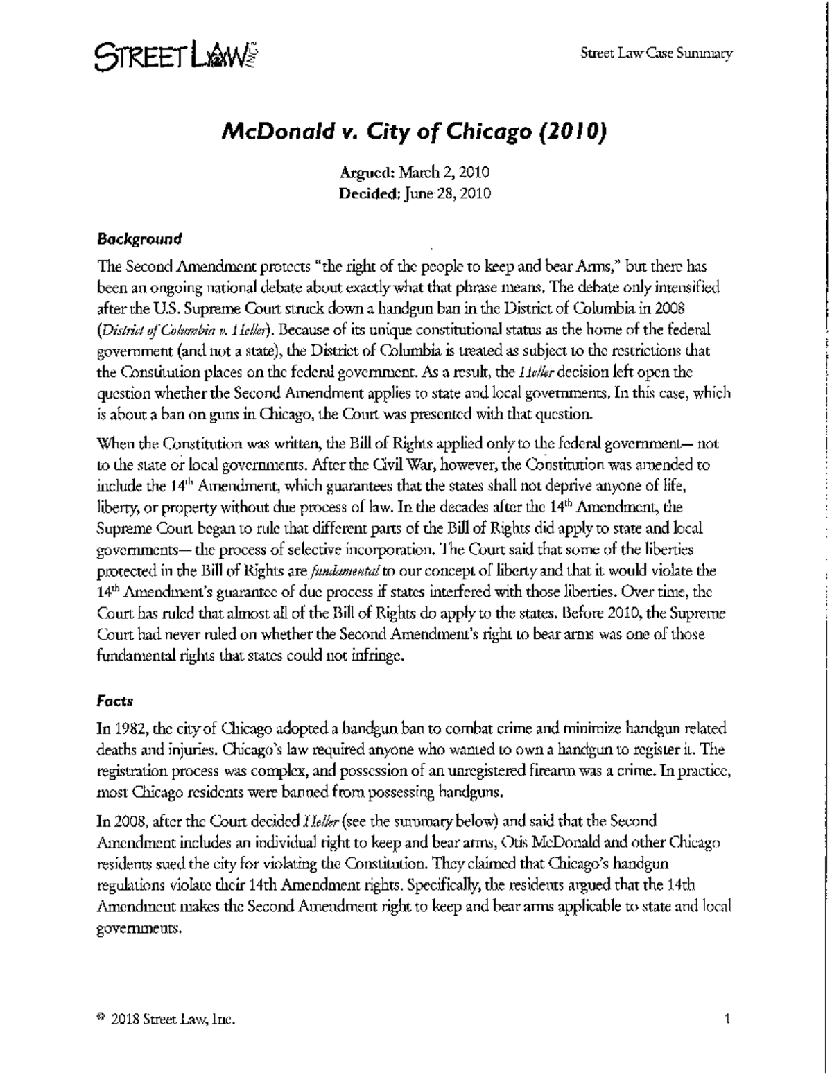 Mc Donald v Chicago Worksheet - STREETLAWS Street Law Case Summary ...