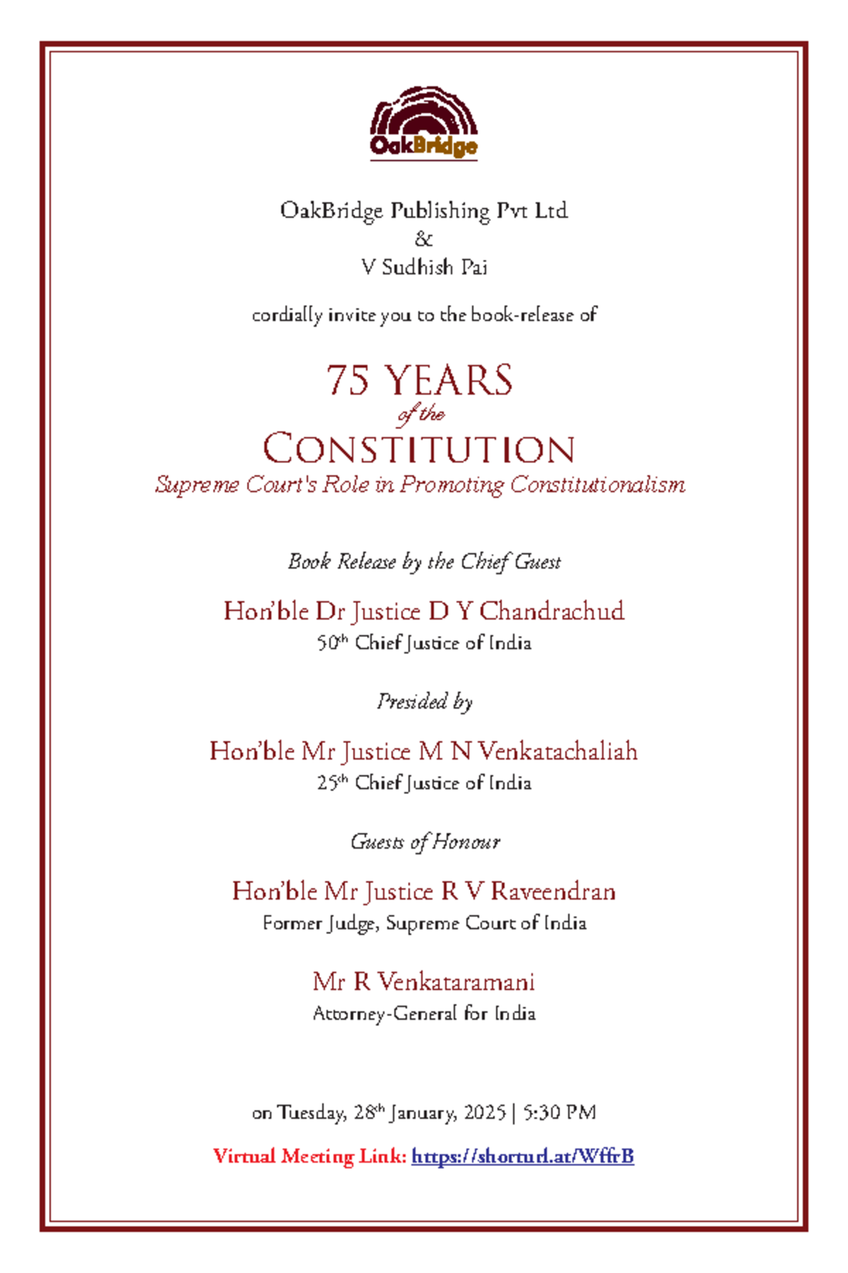 Invitation - Book release itof Sudhish Pai 75 Years of the Constitution ...