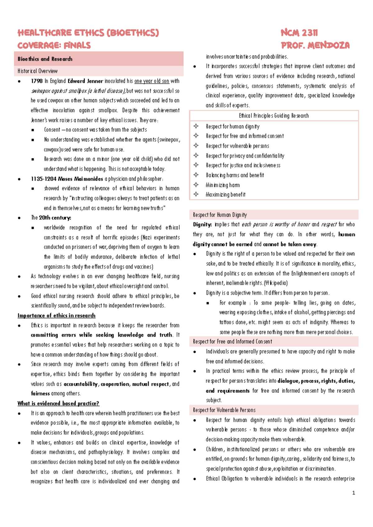 HEALTHCARE ETHICS (BIOETHICS) Final Exam Review - NCM 2311 - Studocu