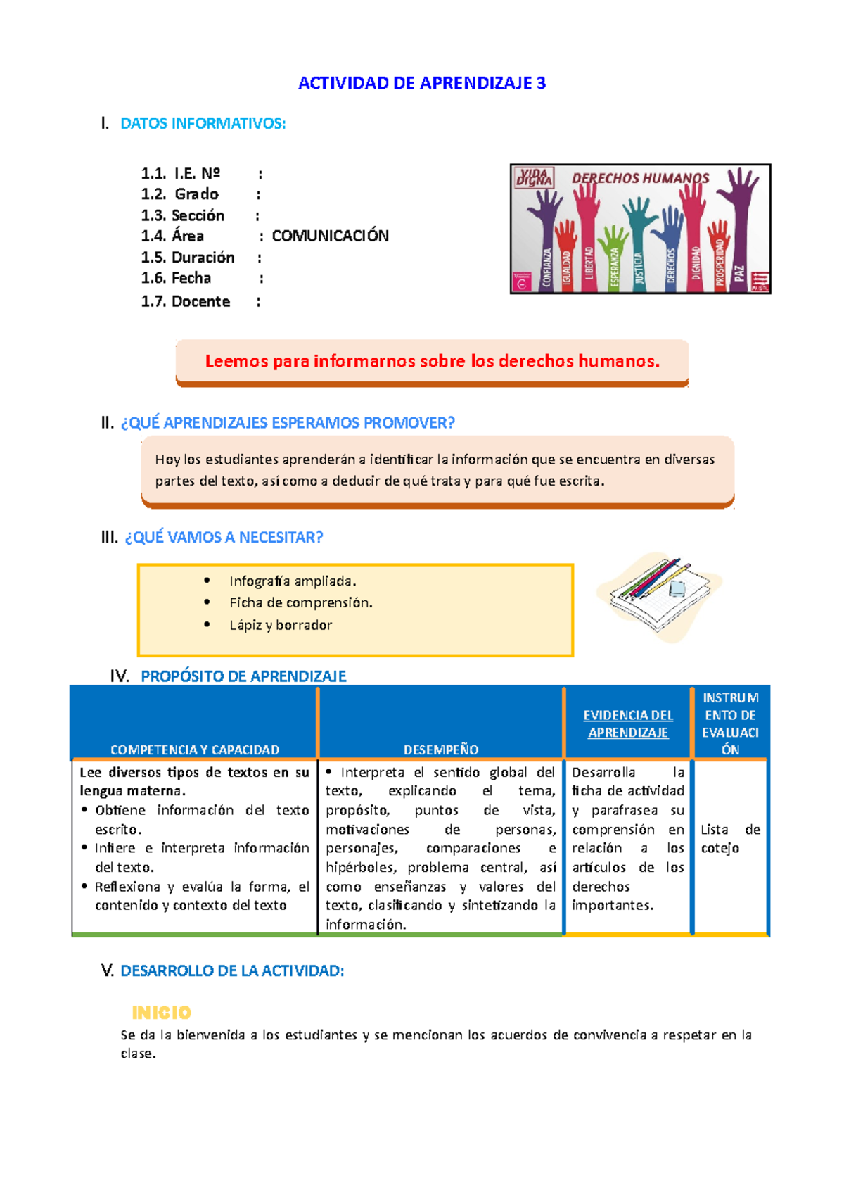 D3 A1 Leemos Sobre Derechos Humanos: Aprendizajes y Actividades - Studocu