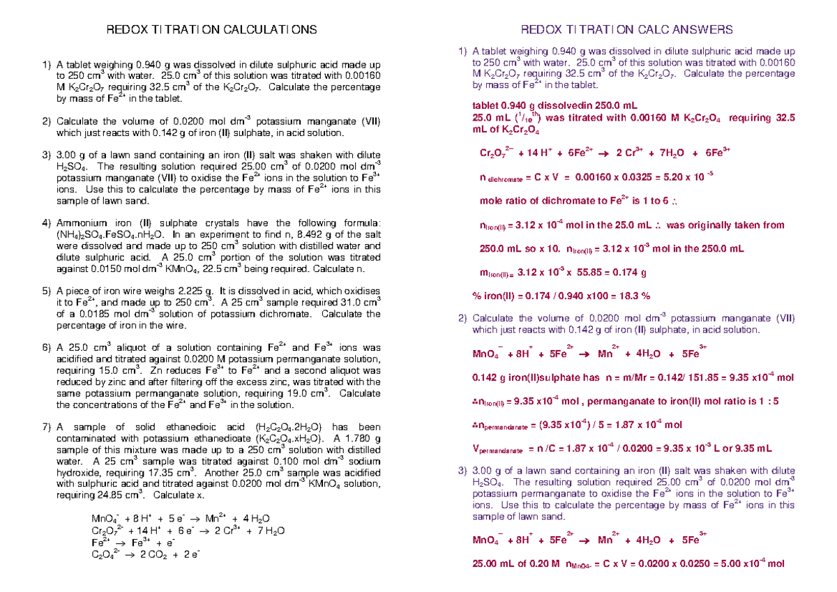 Redox Titration Calculations and Answers for Chem 101 - Studocu
