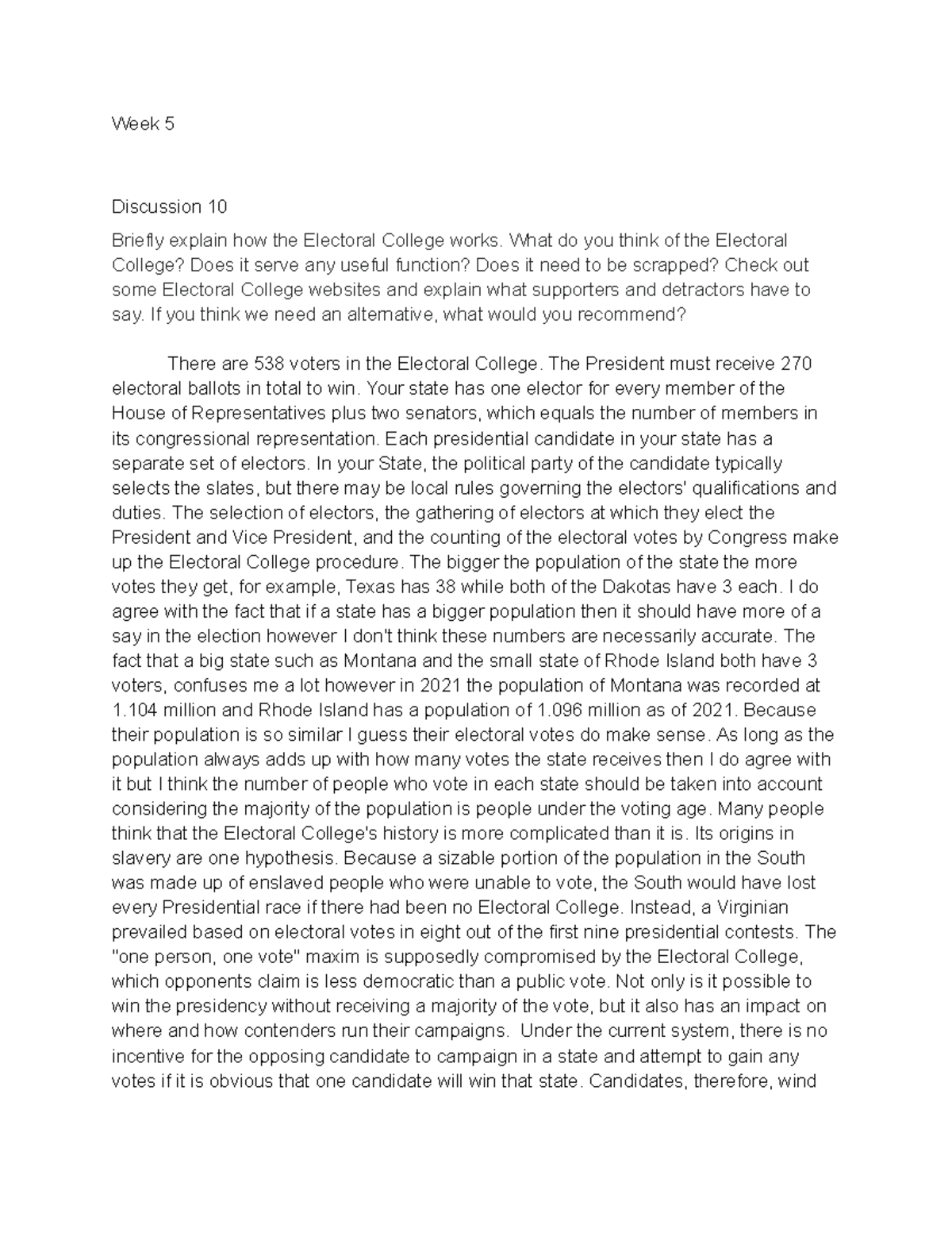 POSC 111 Discussion 10: Analyzing the Electoral College System - Studocu