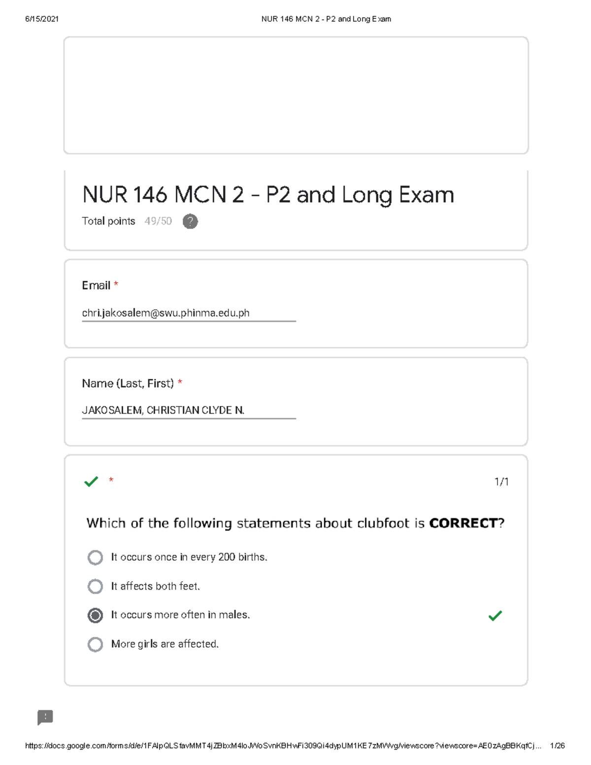 NUR 146 MCN 2 P2 and Long Exam - - Studocu