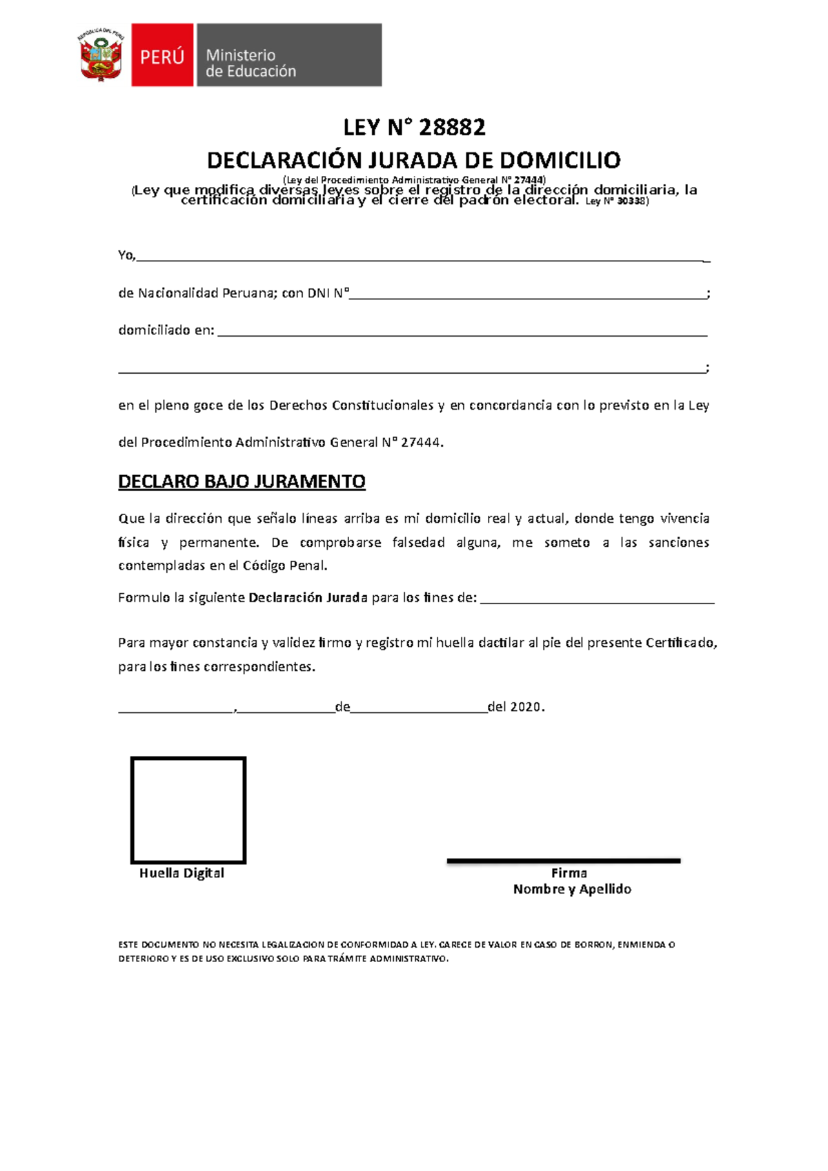 Declaracion-jurada-domiciliaria - LEY N° 28882 DECLARACIÓN JURADA DE DOMICILIO(Ley del ...