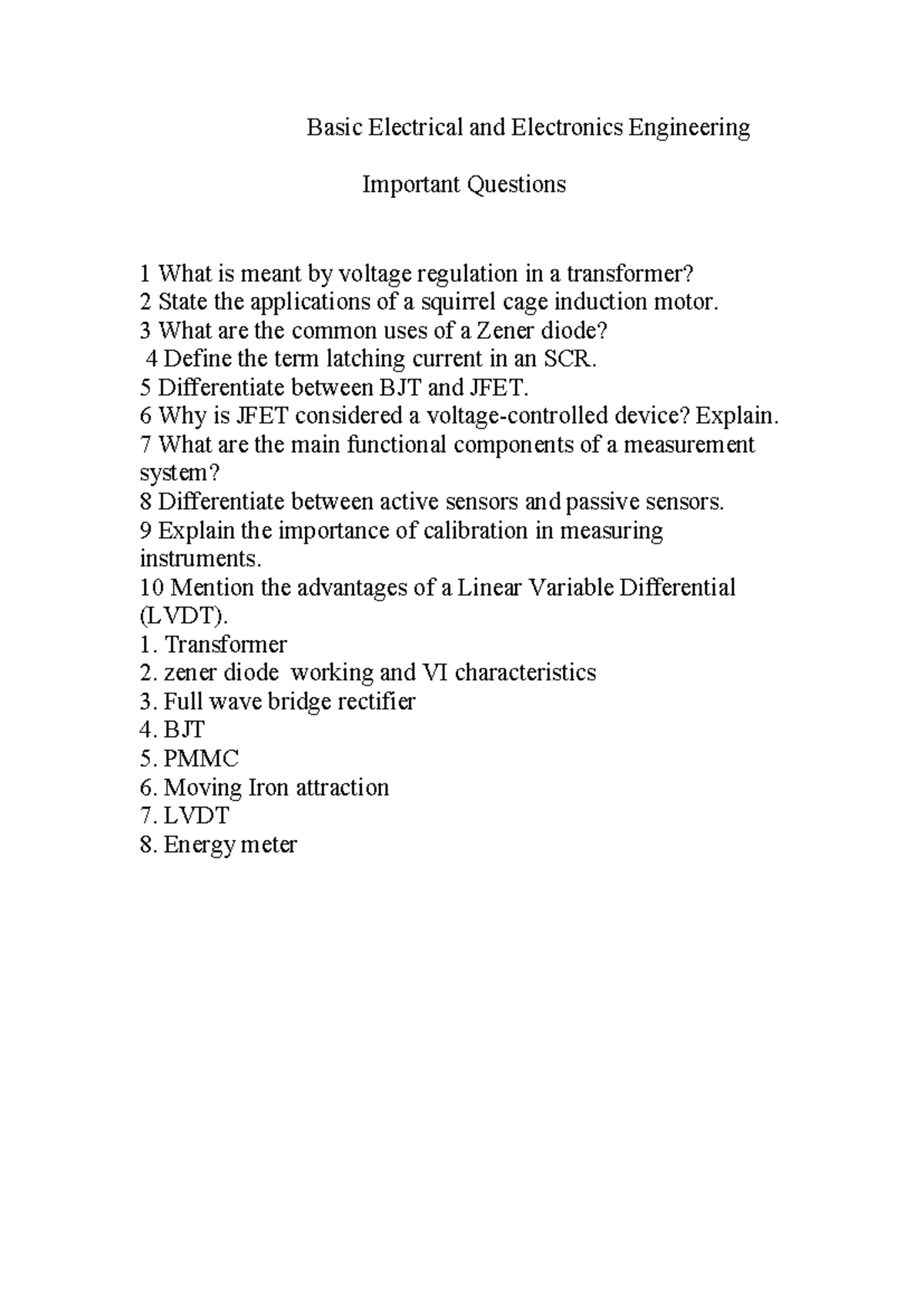 BEEE Important Questions on Electrical & Electronics Engineering - Studocu