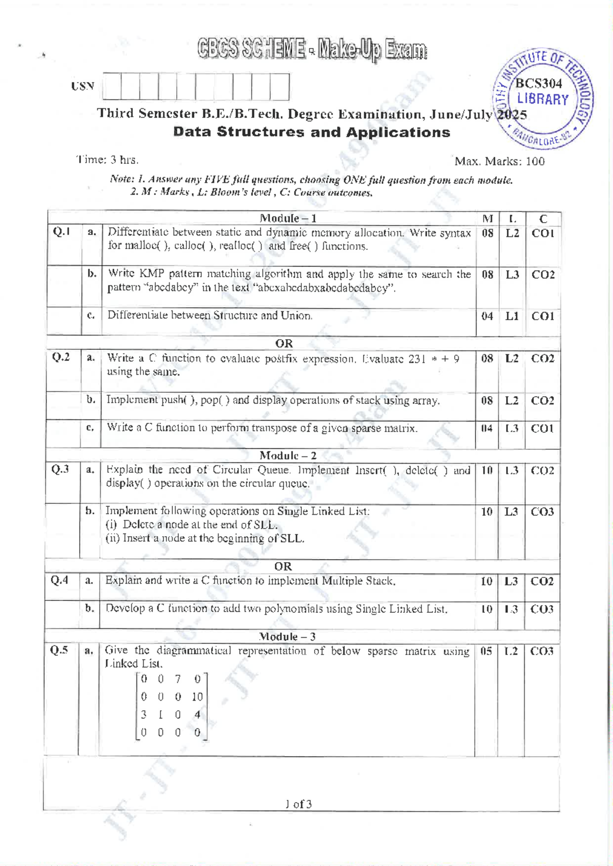 BCS304 Third Sem Exam: Data Structures & Applications Guide - Studocu