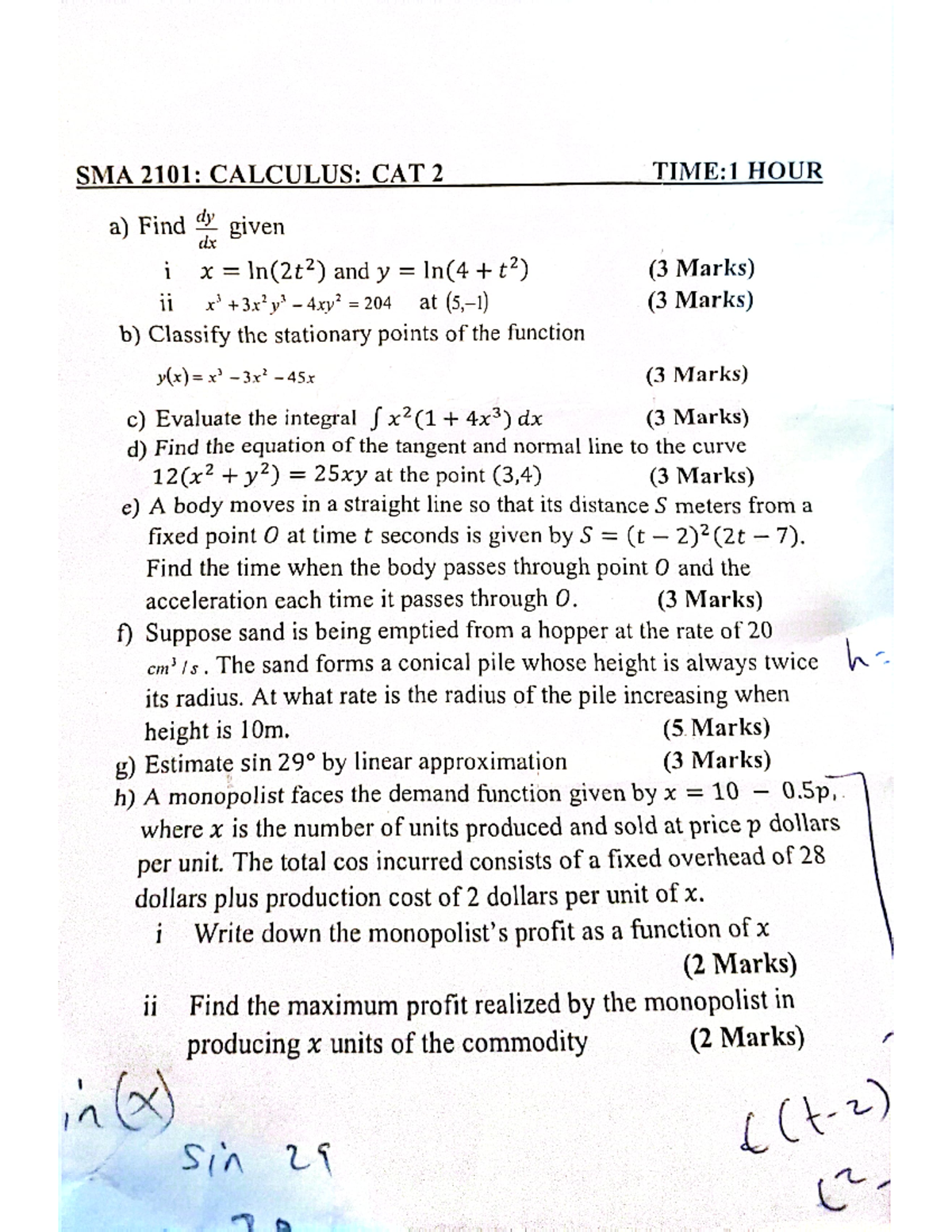 SMA 2101 Calculus I Cat 2 202425 - SMA 2101: CALCULUS: CAT 2 TIME:1 ...
